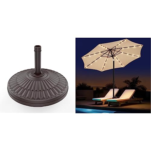 wikiwiki 80 Lbs Round Weighted Patio Umbrella Base, (Dark Brown) & 9ft Outdoor Patio Table Umbrella, Sturdy Solar Led Market Umbrella - Beige