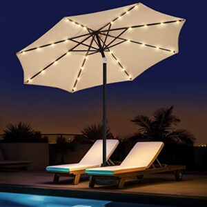 wikiwiki 80 Lbs Round Weighted Patio Umbrella Base, (Dark Brown) & 9ft Outdoor Patio Table Umbrella, Sturdy Solar Led Market Umbrella - Beige