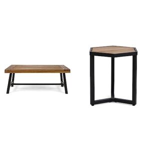 christopher knight home carlisle outdoor acacia wood coffee table, sandblast/rustic metal & end table, black metal + teak