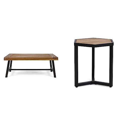 Christopher Knight Home Carlisle Outdoor Acacia Wood Coffee Table, Sandblast/Rustic Metal & END Table, Black Metal + Teak