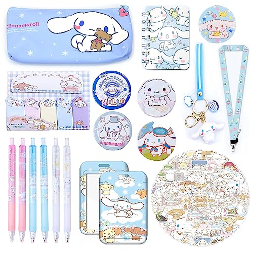 Cute Cinnamoroll School Supplies Set Kawaii Office Supplies Gift Set Including Gel Ink Roller Pens Stickers Pencil Case ID Badge Stickers Button Pins Key Chain Phone Chain Phone Ring Holder