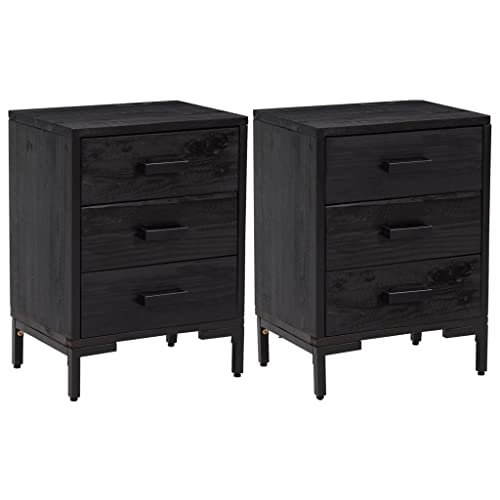 vidaXL Set of 2 Bedside Cabinets in Black - Solid Wood Pine, Metal Hardware, Retro Style, 15.7"x11.8"x21.7" - Ideal Bedroom Furniture