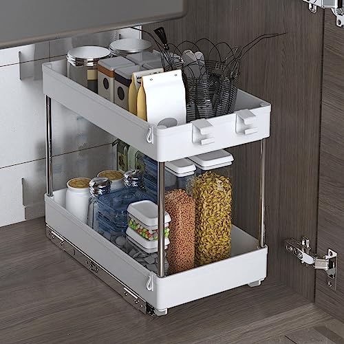 SZIPJAMP Metal Under Sink Organiser 2-Tier Sliding Rail Cabinet Organizer Sturdy Under Sink Organizers and Stable Storage for Kitchen Bathroom