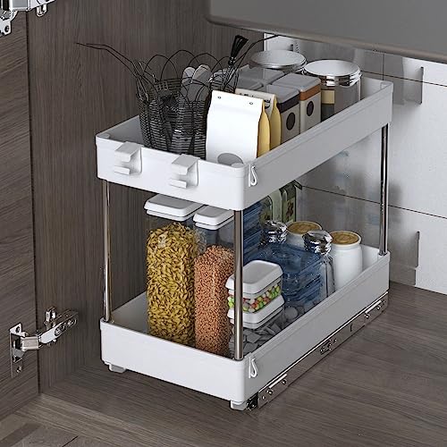 SZIPJAMP White Under Sink Organiser and Storage Under Cabinet Storage with Metal Sliding Rail 2-Tier Kitchen Baskets for Countertop