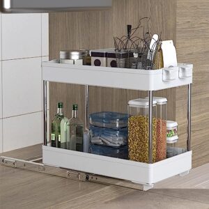 SZIPJAMP White Under Sink Organiser and Storage Under Cabinet Storage with Metal Sliding Rail 2-Tier Kitchen Baskets for Countertop