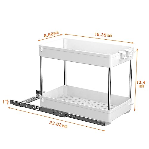 SZIPJAMP White Under Sink Organiser and Storage Under Cabinet Storage with Metal Sliding Rail 2-Tier Kitchen Baskets for Countertop