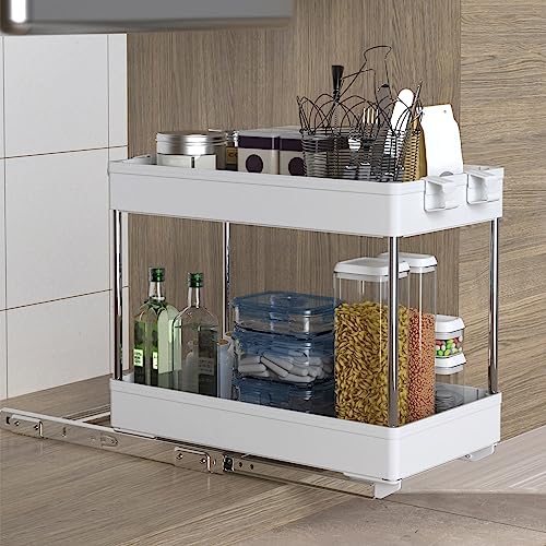 SZIPJAMP Kitchen Cabinet Organiser Under Sink Organiser Basket with Sliding Rail White Metal Storage Shelf Ideal for Countertop Pantry Desktop