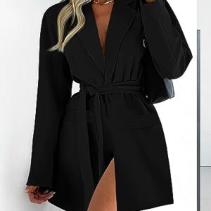 ZESICA Women's 2023 Blazers Long Sleeve Lapel Open Front Oversized Business Work Office Jackets Blazer with Belt,Black,Medium