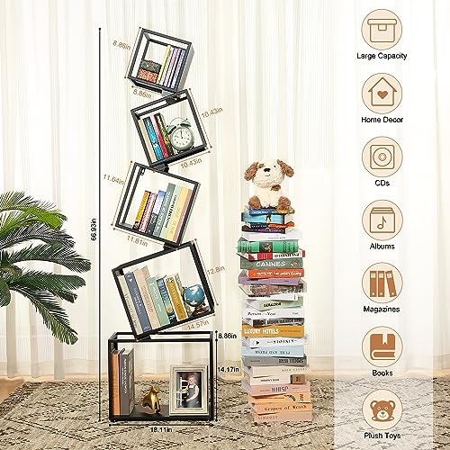 Asuli Bookshelf, 5-Tier Bookshelves, 67" Tall Black Bookshelf, Book Shelf, Bookcase, Modern Book Storage, Storage Shelves for CDs/Books/Home Decor, Display Shelf