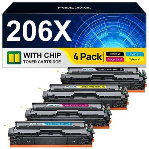 pacava 206x 206a toner cartridges (with chip) for hp 206a 206x toner cartridge 4 pack high yield to work with hp color pro mfp m283fdw m283cdw m255dw m282nw printer toner (bcmy, 4 pack)