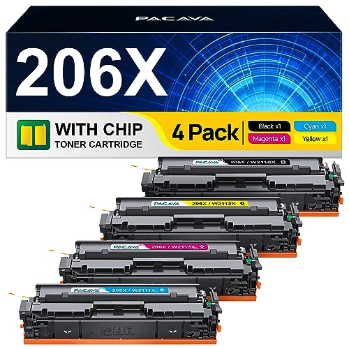 PACAVA 206X 206A Toner Cartridges (with Chip) for HP 206A 206X Toner Cartridge 4 Pack High Yield to Work with HP Color Pro MFP M283fdw M283cdw M255dw M282nw Printer Toner (BCMY, 4 Pack)