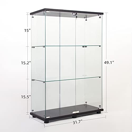 nifoti 3-Tier Glass Display Cabinet,Curio Cabinet with Tempered Glass Door,Floor Standing Curio Bookshelf for Living Room Bedroom Office with Locks, Side by Side Doors (2 Doors,3 Shelves - Black)