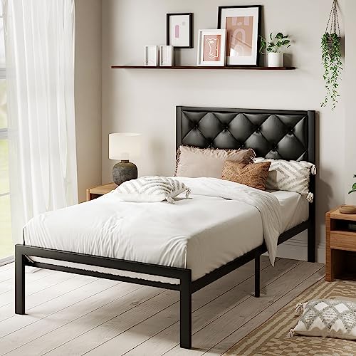 MUTICOR Stylish Twin Size Bed Frame with Faux Leather Upholstered Button Tufted Headboard, Sturdy Metal Slats, 11.8" Under Bed Storage,No Box Spring Needed, Easy Assembly,Black