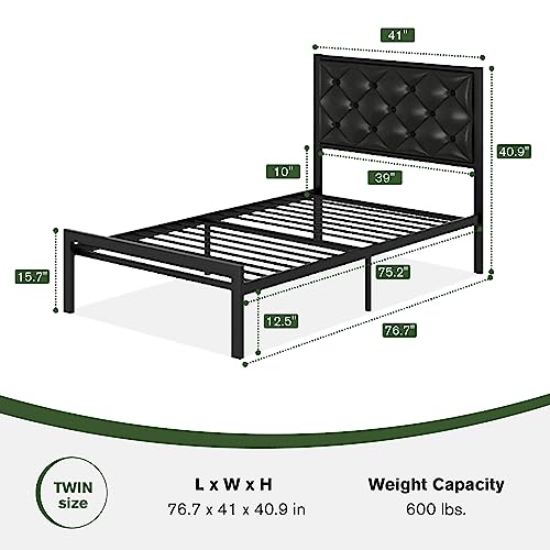 MUTICOR Stylish Twin Size Bed Frame with Faux Leather Upholstered Button Tufted Headboard, Sturdy Metal Slats, 11.8" Under Bed Storage,No Box Spring Needed, Easy Assembly,Black