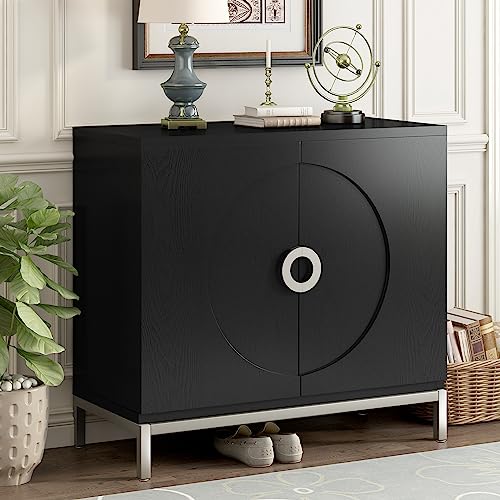 Bellemave Accent Storage Cabinet Buffet Cabinet with Adjustable Shelf and Metal Leg Frame, Small Sideboard Wooden Cabinet with Circular Door Handles for Living Room Entryway (Black)