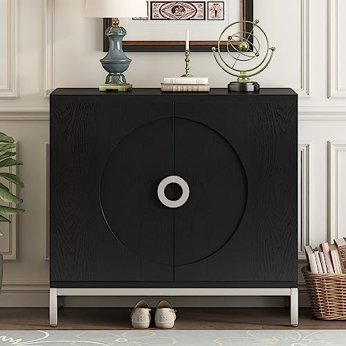 Bellemave Accent Storage Cabinet Buffet Cabinet with Adjustable Shelf and Metal Leg Frame, Small Sideboard Wooden Cabinet with Circular Door Handles for Living Room Entryway (Black)