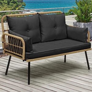 yitahome patio furniture wicker outdoor loveseat, all-weather rattan conversation for backyard, balcony and deck with soft cushions (light brown+black)