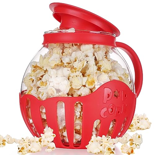 MMUGOOLER Glass Microwave Popcorn Popper, 2.25QT Original Popcorn Jar with Silicone Lid, BPA Free, Dishwasher Safe- Red