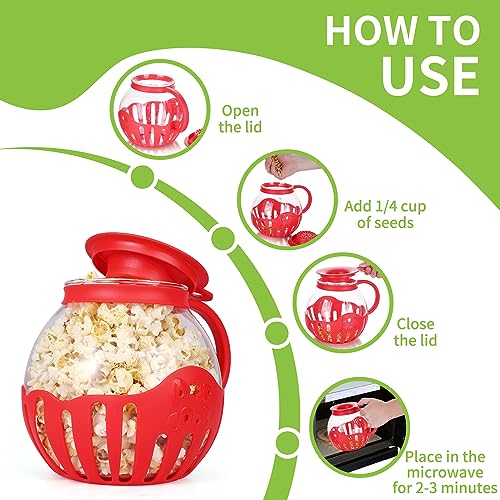 MMUGOOLER Glass Microwave Popcorn Popper, 2.25QT Original Popcorn Jar with Silicone Lid, BPA Free, Dishwasher Safe- Red