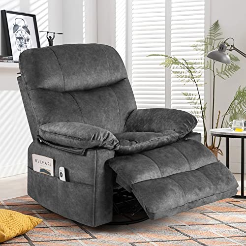 HOMYEDAMIC Heated Rocker Recliner Chair with Massage for Adults Elderly, Oversized Wide Lazyboy 360°Swivel Adjustable Ergonomic Lounge Fabric Theater Sofa for Home Living Room Bedroom(Grey)