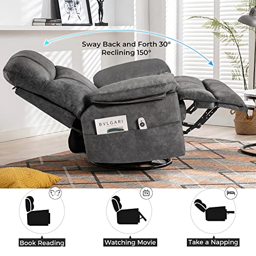 HOMYEDAMIC Heated Rocker Recliner Chair with Massage for Adults Elderly, Oversized Wide Lazyboy 360°Swivel Adjustable Ergonomic Lounge Fabric Theater Sofa for Home Living Room Bedroom(Grey)