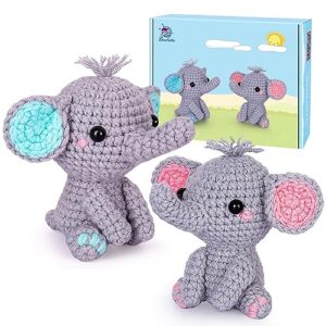 crochetta crochet kit for beginners, beginner crochet starter kit with step-by-step video tutorials, learn to crochet kits for adults kids, diy knitting supplies, 2 pack elephant family (40%+ yarn)