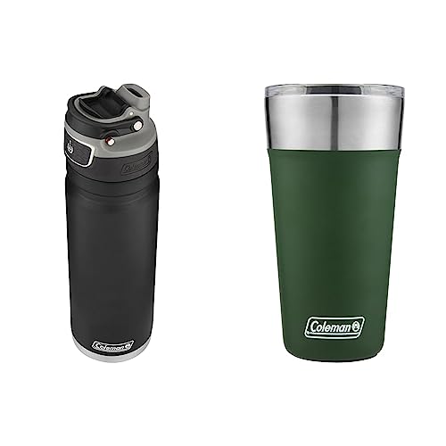 Coleman AUTOSEAL FreeFlow Stainless Steel Water Bottle, Black, 24 oz & Insulated Stainless Steel 20oz Brew Tumbler, Heritage Green