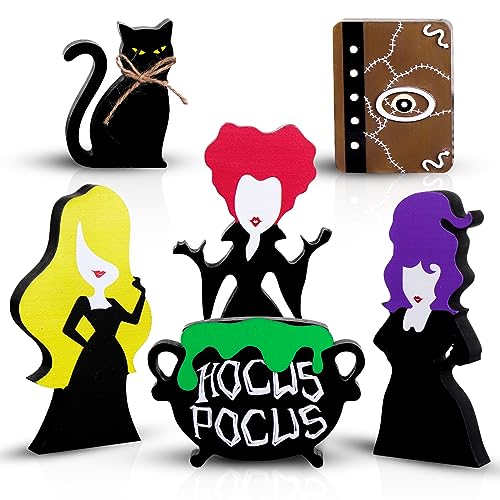 Treory Halloween Table Decorations Indoor: 6 Pcs Hocus Pocus Witch Halloween Black Cat Cauldron Book of Spells Tiered Tray Decor, Free Stand Wooden Desk Signs for Kids Home Kitchen Fireplace Office