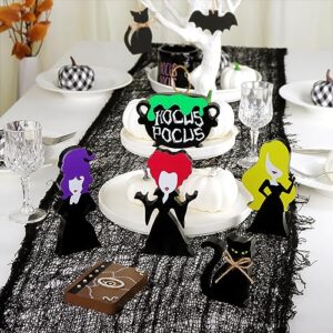 Treory Halloween Table Decorations Indoor: 6 Pcs Hocus Pocus Witch Halloween Black Cat Cauldron Book of Spells Tiered Tray Decor, Free Stand Wooden Desk Signs for Kids Home Kitchen Fireplace Office