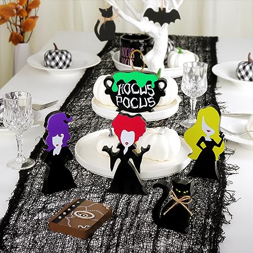 Treory Halloween Table Decorations Indoor: 6 Pcs Hocus Pocus Witch Halloween Black Cat Cauldron Book of Spells Tiered Tray Decor, Free Stand Wooden Desk Signs for Kids Home Kitchen Fireplace Office