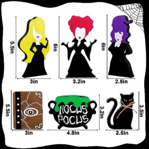 Treory Halloween Table Decorations Indoor: 6 Pcs Hocus Pocus Witch Halloween Black Cat Cauldron Book of Spells Tiered Tray Decor, Free Stand Wooden Desk Signs for Kids Home Kitchen Fireplace Office