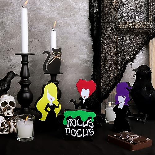 Treory Halloween Table Decorations Indoor: 6 Pcs Hocus Pocus Witch Halloween Black Cat Cauldron Book of Spells Tiered Tray Decor, Free Stand Wooden Desk Signs for Kids Home Kitchen Fireplace Office