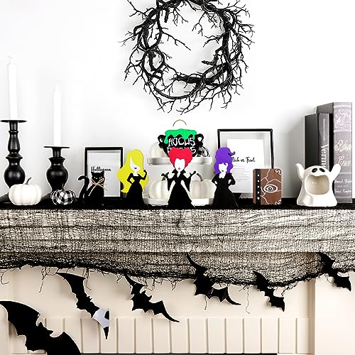 Treory Halloween Table Decorations Indoor: 6 Pcs Hocus Pocus Witch Halloween Black Cat Cauldron Book of Spells Tiered Tray Decor, Free Stand Wooden Desk Signs for Kids Home Kitchen Fireplace Office