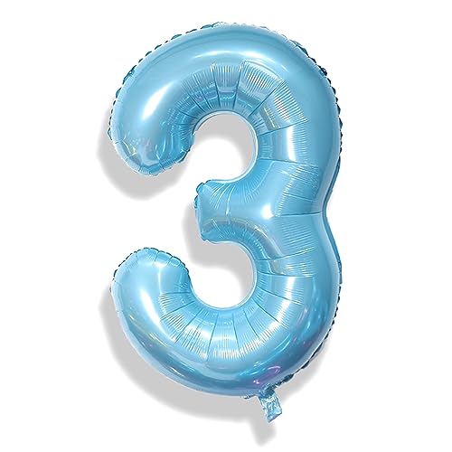 3rd Birthday Number Balloons for Kids, 40 Inch Foil Number 3 Balloons, Pastel Blue Large Self Inflating Number Balloons for Boys Men 30th Birthday Party Anniversary Party Decoration Supplies