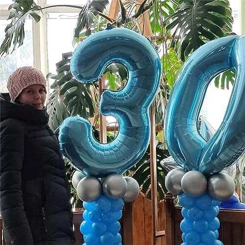 3rd Birthday Number Balloons for Kids, 40 Inch Foil Number 3 Balloons, Pastel Blue Large Self Inflating Number Balloons for Boys Men 30th Birthday Party Anniversary Party Decoration Supplies