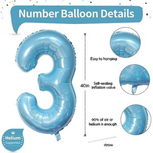 3rd Birthday Number Balloons for Kids, 40 Inch Foil Number 3 Balloons, Pastel Blue Large Self Inflating Number Balloons for Boys Men 30th Birthday Party Anniversary Party Decoration Supplies