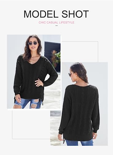 EVALESS Womens Sweater 2023 Fashion Trendy Fall Oversized Off Shoulder Cable Knit V Neck Knit Chunky Plus Size Sweater Long Sleeve Crewneck Winter Loose Tops Clothes,Black XL