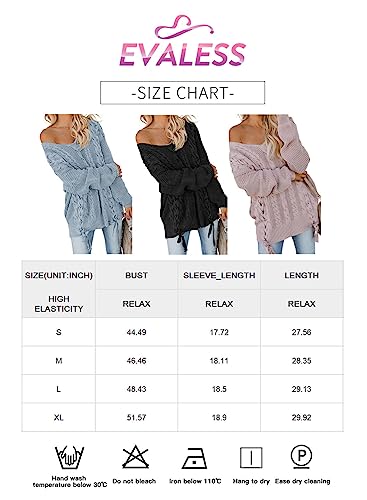 EVALESS Womens Sweater 2023 Fashion Trendy Fall Oversized Off Shoulder Cable Knit V Neck Knit Chunky Plus Size Sweater Long Sleeve Crewneck Winter Loose Tops Clothes,Black XL