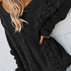 EVALESS Womens Sweater 2023 Fashion Trendy Fall Oversized Off Shoulder Cable Knit V Neck Knit Chunky Plus Size Sweater Long Sleeve Crewneck Winter Loose Tops Clothes,Black XL