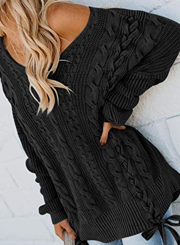 EVALESS Womens Sweater 2023 Fashion Trendy Fall Oversized Off Shoulder Cable Knit V Neck Knit Chunky Plus Size Sweater Long Sleeve Crewneck Winter Loose Tops Clothes,Black XL