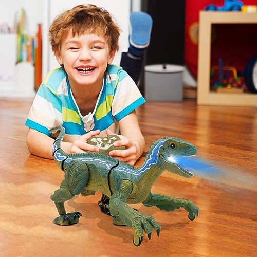 Hiitytin Remote Control Dinosaur Toys for Kids, Raptor Toy Velociraptor Dinosaur Toy with Light Up & Roaring Sound, 2.4G RC Realistic Walking Dino Toy Gifts for Kids Ages 3-12 Years Old (Green)