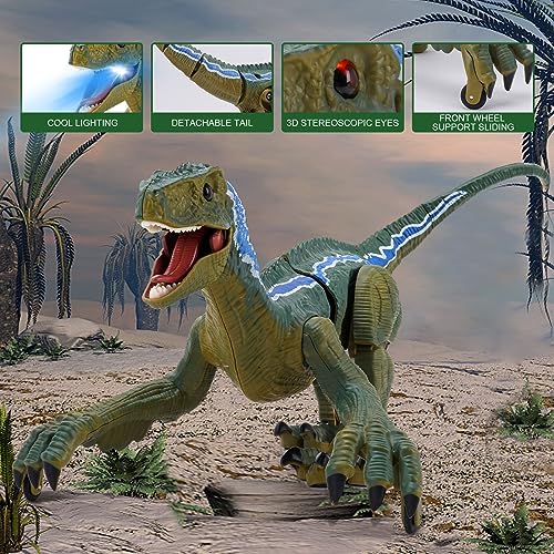 Hiitytin Remote Control Dinosaur Toys for Kids, Raptor Toy Velociraptor Dinosaur Toy with Light Up & Roaring Sound, 2.4G RC Realistic Walking Dino Toy Gifts for Kids Ages 3-12 Years Old (Green)