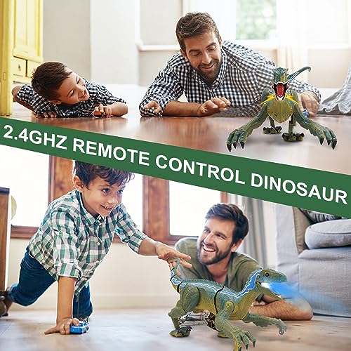 Hiitytin Remote Control Dinosaur Toys for Kids, Raptor Toy Velociraptor Dinosaur Toy with Light Up & Roaring Sound, 2.4G RC Realistic Walking Dino Toy Gifts for Kids Ages 3-12 Years Old (Green)