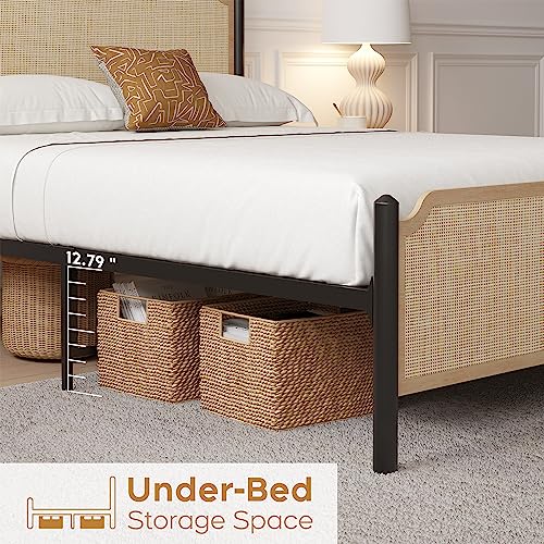 Brafab Natural Rattan Metal Bed Frame Queen Size with Wooden Headboard/Footboard, Modern Style Cane Boho Bed Frames with Heavy Duty Sturdy Steel Slat Support Bedframe, No Box Spring Needed