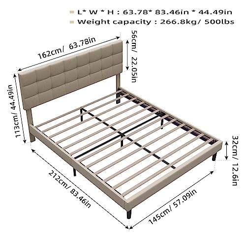 RIDFY Queen Size Bed Frames with LED Lights, Modern Upholstered Platform Bed Frame with Adjustable Headboard, Camas, Heavy Duty Wood Slat Support, No Box Spring Needed,Easy Assembly, Beige