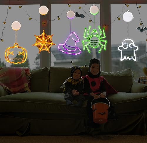 Halloween Decorations,5 Packs with Pumpkin,Ghost,Spider,Witch's Hat,Spider Web Halloween Window Lights with Suction Cup & Hooks,Battery Operated Indoor Window Hanging Lights for Night Window Decor