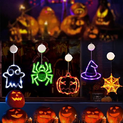 Halloween Decorations,5 Packs with Pumpkin,Ghost,Spider,Witch's Hat,Spider Web Halloween Window Lights with Suction Cup & Hooks,Battery Operated Indoor Window Hanging Lights for Night Window Decor