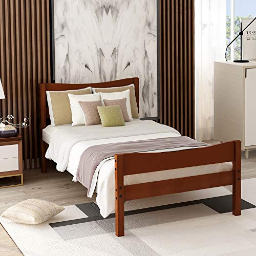 YuiHome Wood Bed Frame Twin Size, Rustic Style Platform Bed w/Headboard & Footboard, Solid Wood Slat Support, No Box Spring Needed, Panel Bed Mattress Foundation for Kids,Walnut