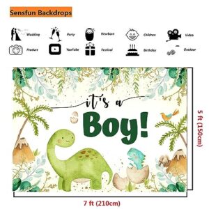 Sensfun It's a Boy Dinosaur Baby Shower Backdrop Decorations Eucalyptus Leaves Cartoon Jungle Dinosaurs Photography Background Boy Dino Baby Shower Party Kids Newborn Banner Photo Booth Supplies 7x5ft