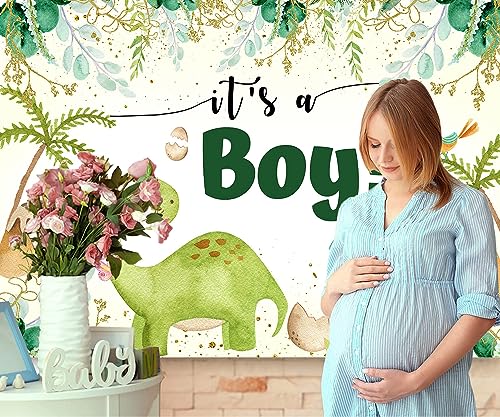 Sensfun It's a Boy Dinosaur Baby Shower Backdrop Decorations Eucalyptus Leaves Cartoon Jungle Dinosaurs Photography Background Boy Dino Baby Shower Party Kids Newborn Banner Photo Booth Supplies 7x5ft